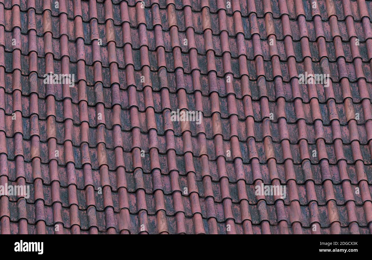 Old terracotta tile with gutter roof laid in rows texture pattern urban ...