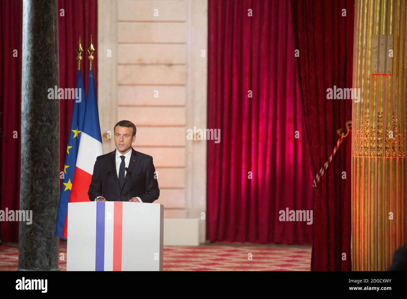 French President Emmanuel Macron speaks during his formal inauguration ...