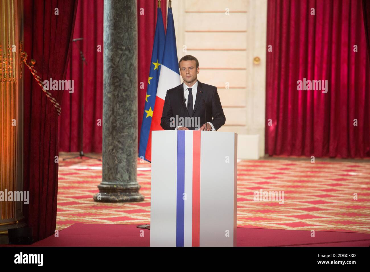 French President Emmanuel Macron speaks during his formal inauguration ...
