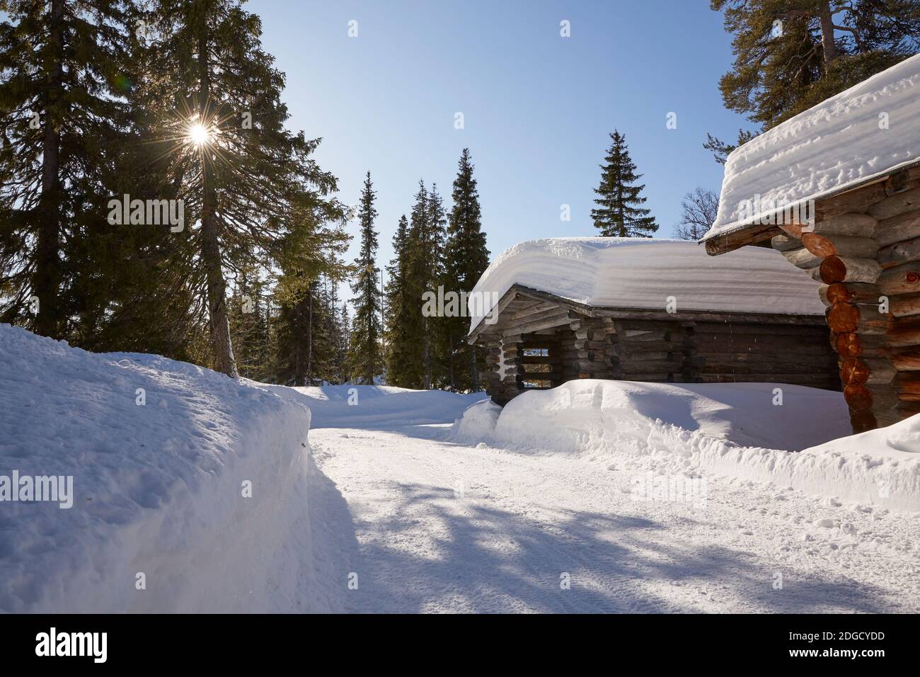 Snowy Log Cabin in the Sun in Lapland Stock Photo - Alamy