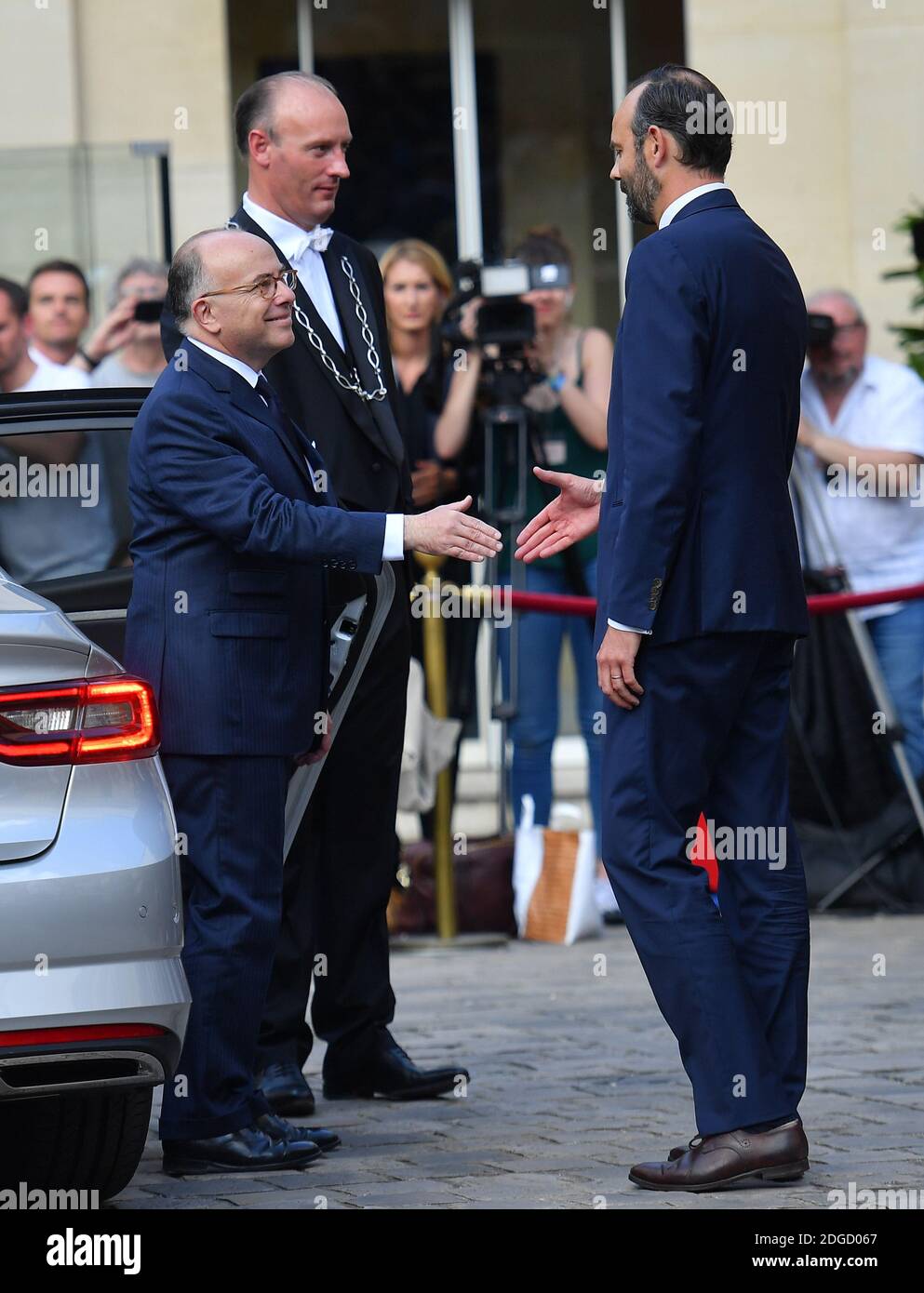 French newly appointed Prime Minister Edouard Philippe is welcomed by ...