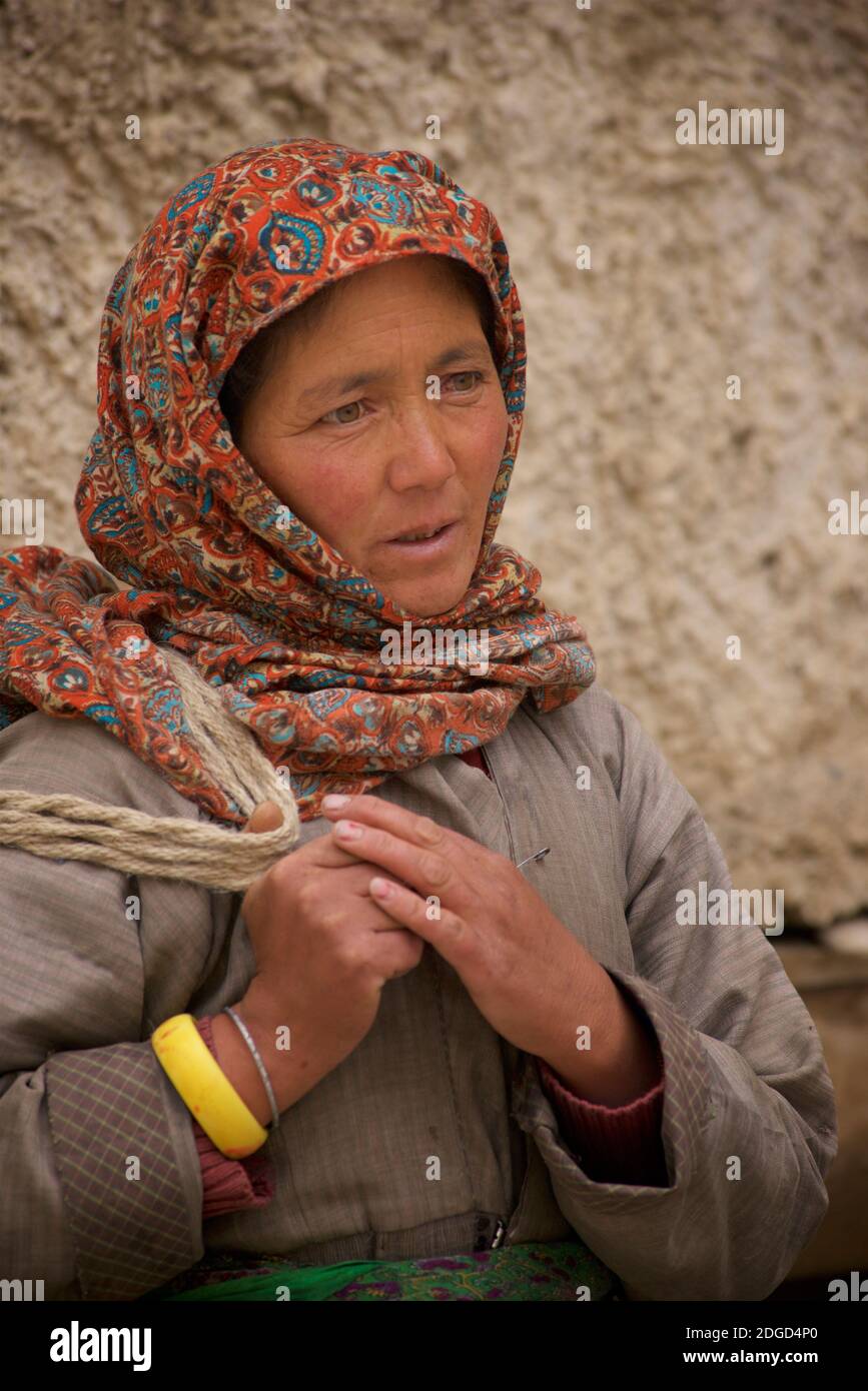 Portrait of a Ladakhi woman with headcloth, Lamayouro, Ladakh, Jammu ...