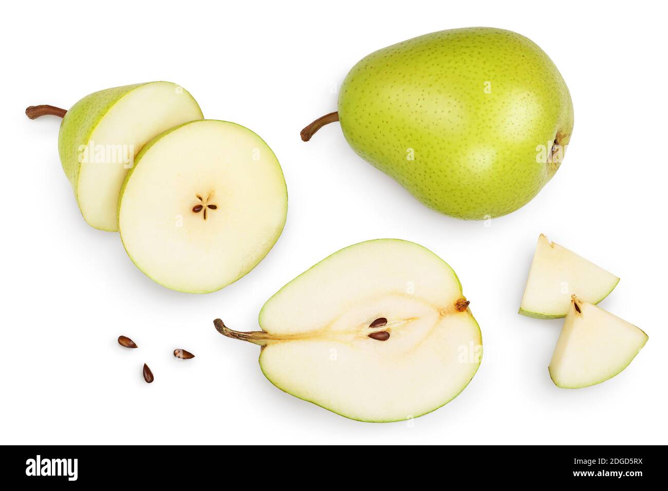 Green pear fruit with half and slices isolated on white background with ...