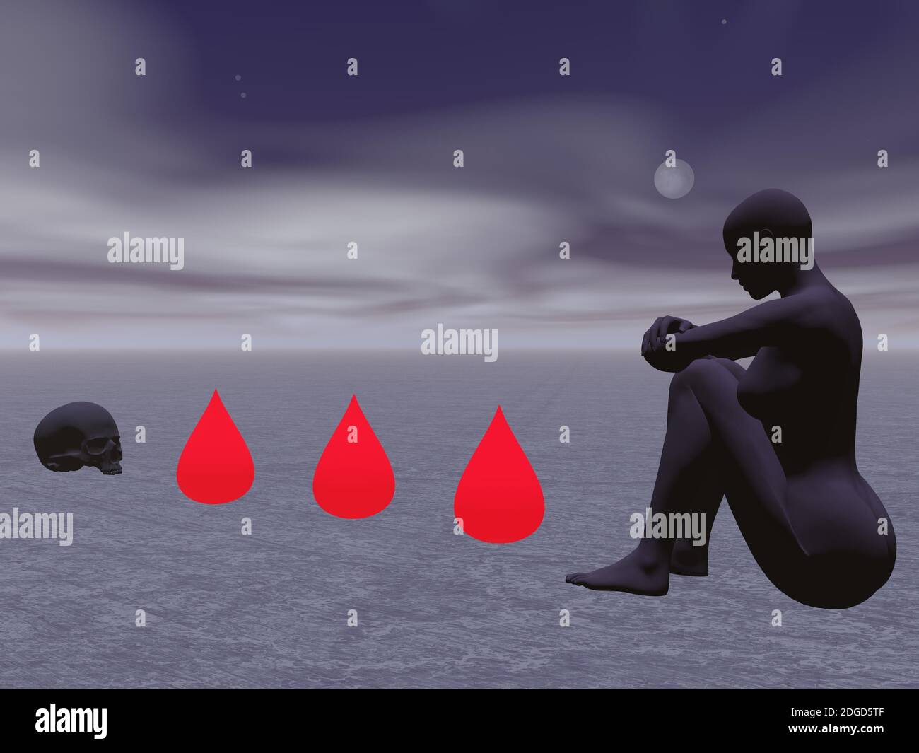 Woman suffering in the middle of a landscape of death - 3d render Stock ...