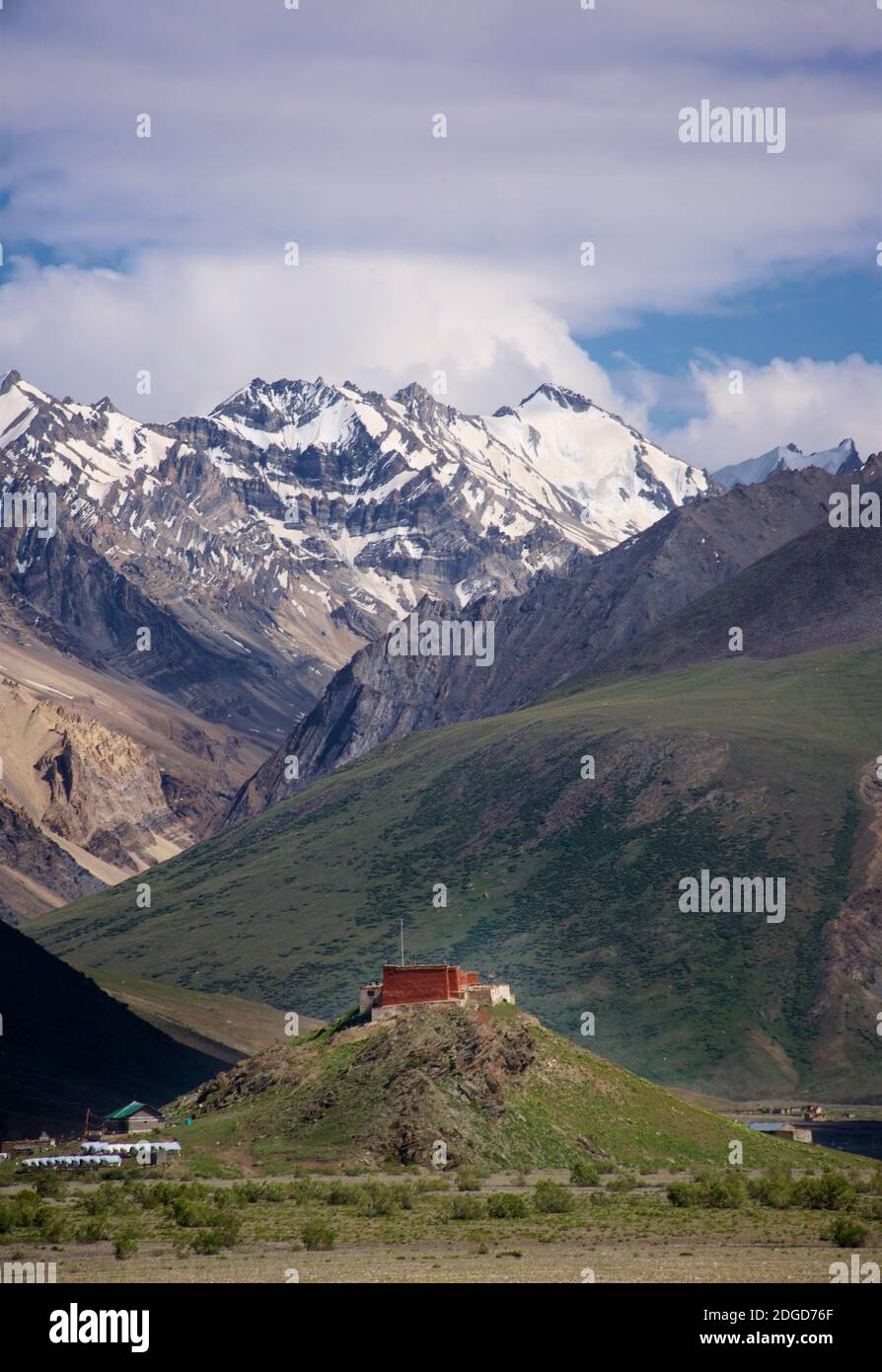 Tibetan buddhist monastery sits atop a hill. Suru valley, near Rangdum ...