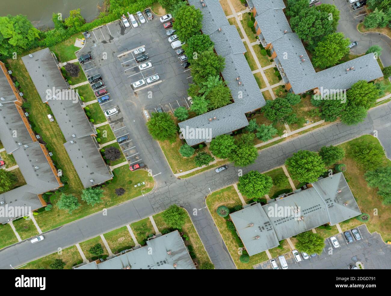 Top view flying over town home showing family houses with roofs Stock ...