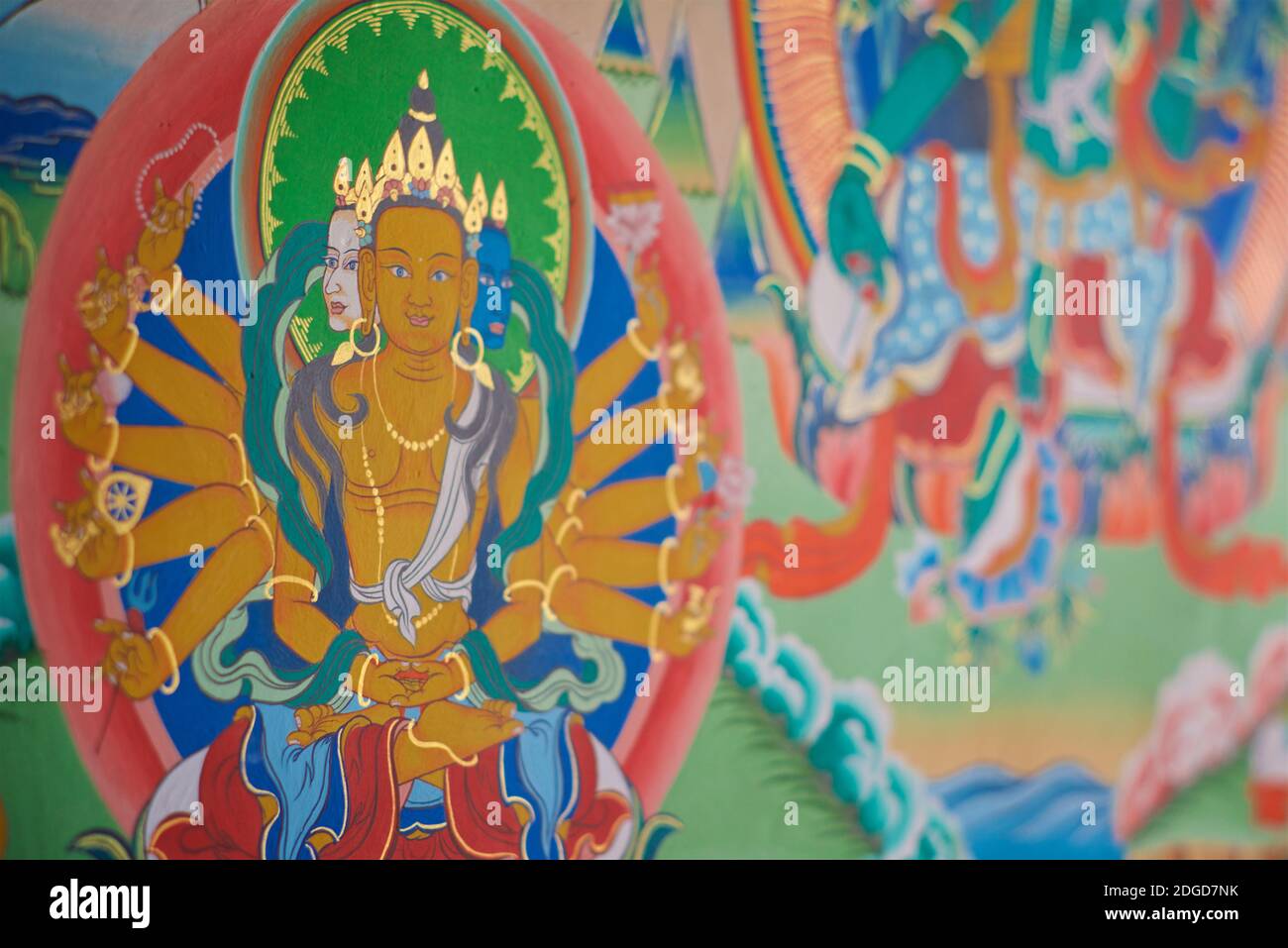 Tibetan buddhist painted mural on a wall at Karsha monastery, near ...