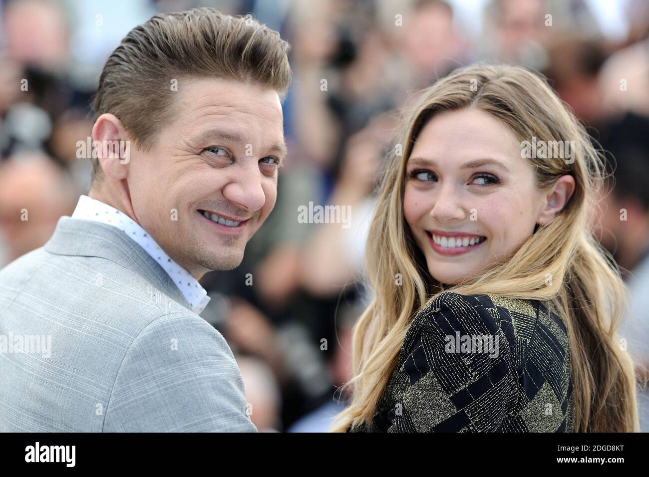 Jeremy Renner and Elizabeth Olsen attending the Wind River photocall as ...