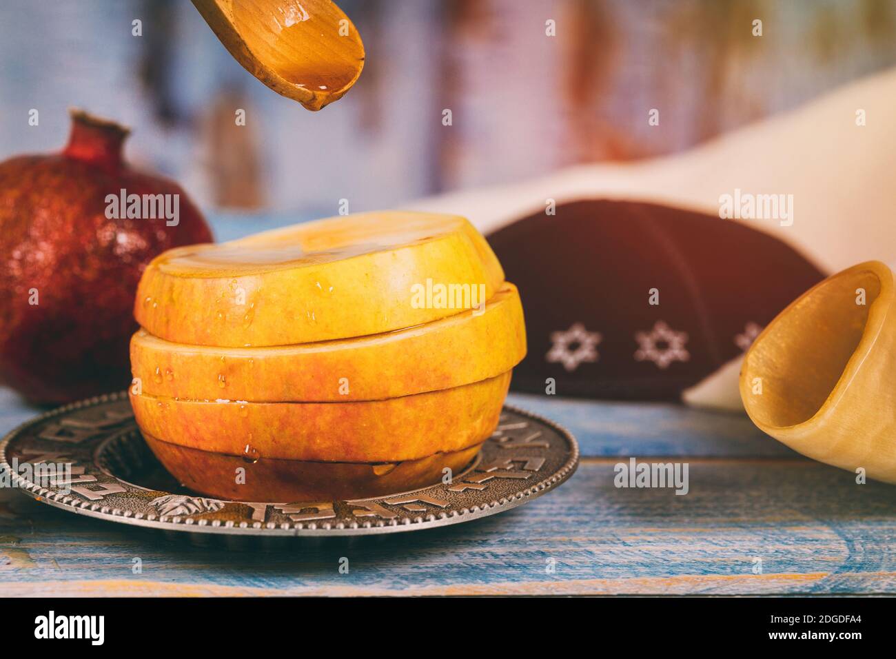 Honey, apple and pomegranate traditional holiday symbols rosh hashanah ...