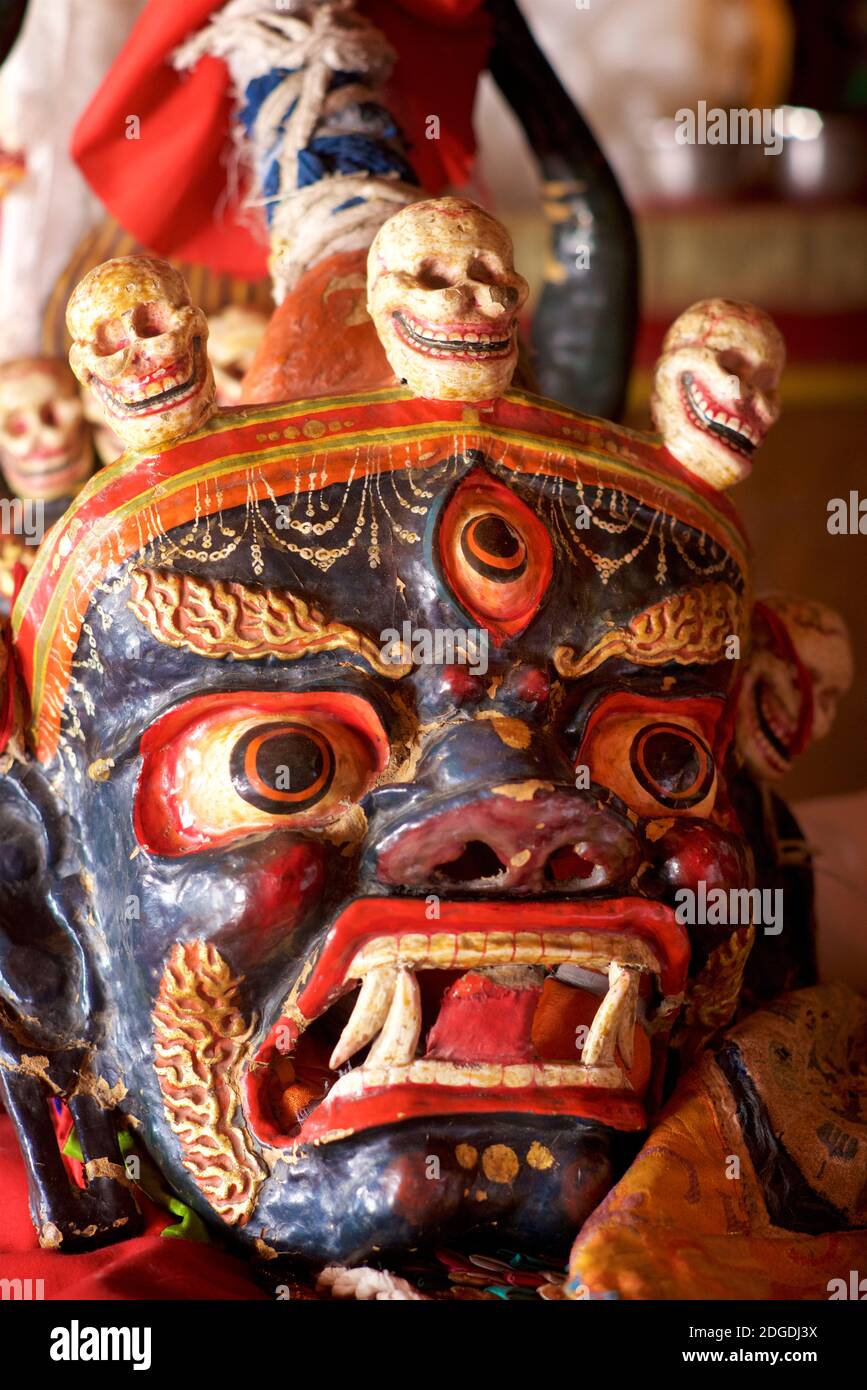 Detail of a blue Mahakala mask featuring a Tibetan Buddhist protector ...