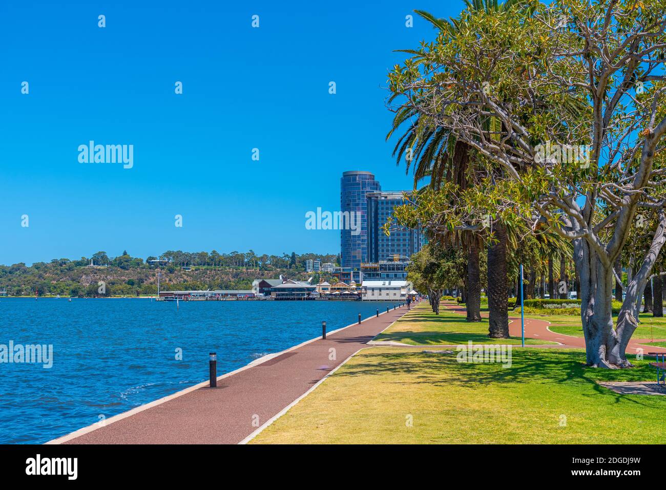 Downtown Perth viewed from riverside promenade of Swan river, Australia ...
