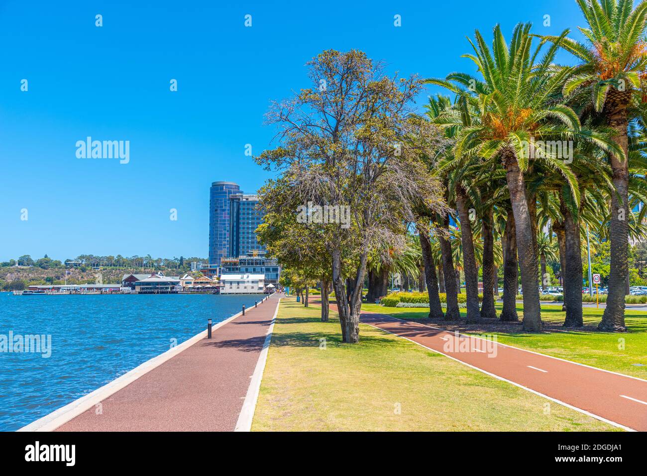 Downtown Perth viewed from riverside promenade of Swan river, Australia ...
