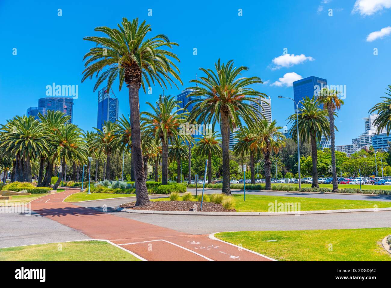 Downtown Perth viewed from riverside promenade of Swan river, Australia ...