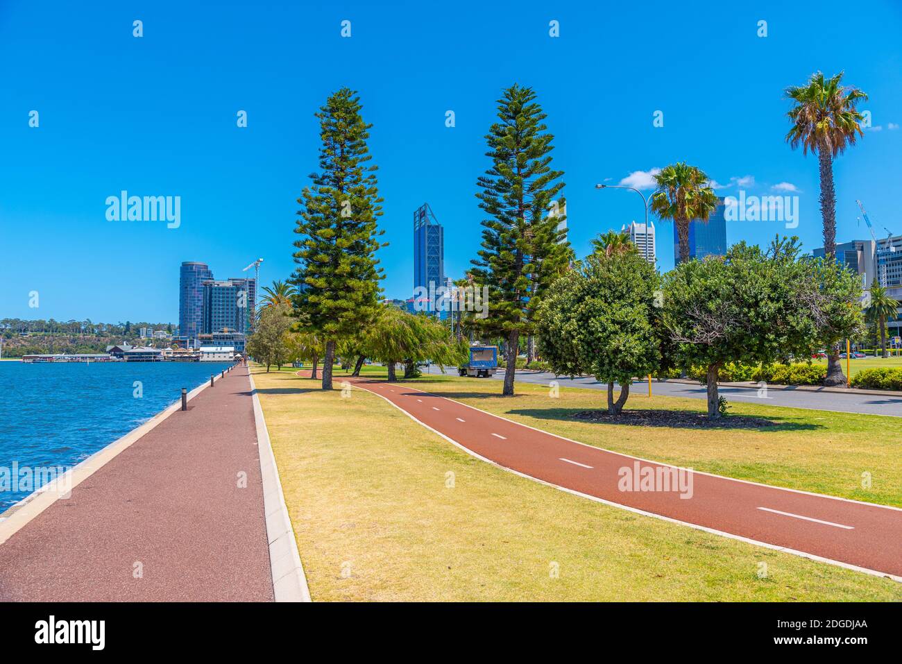 Downtown Perth viewed from riverside promenade of Swan river, Australia ...