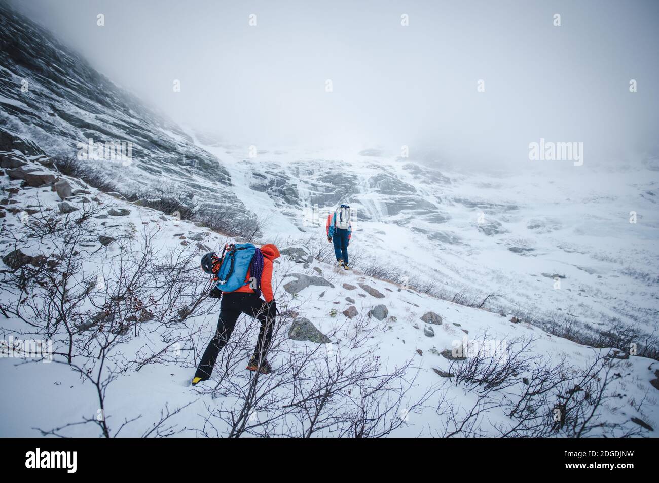 Two alpine climbers walk through blowing snow while headed to a climb ...