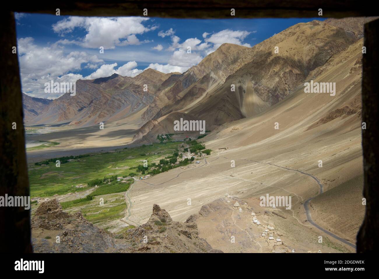 Views through a window across the Zanskar Valley and river below from ...