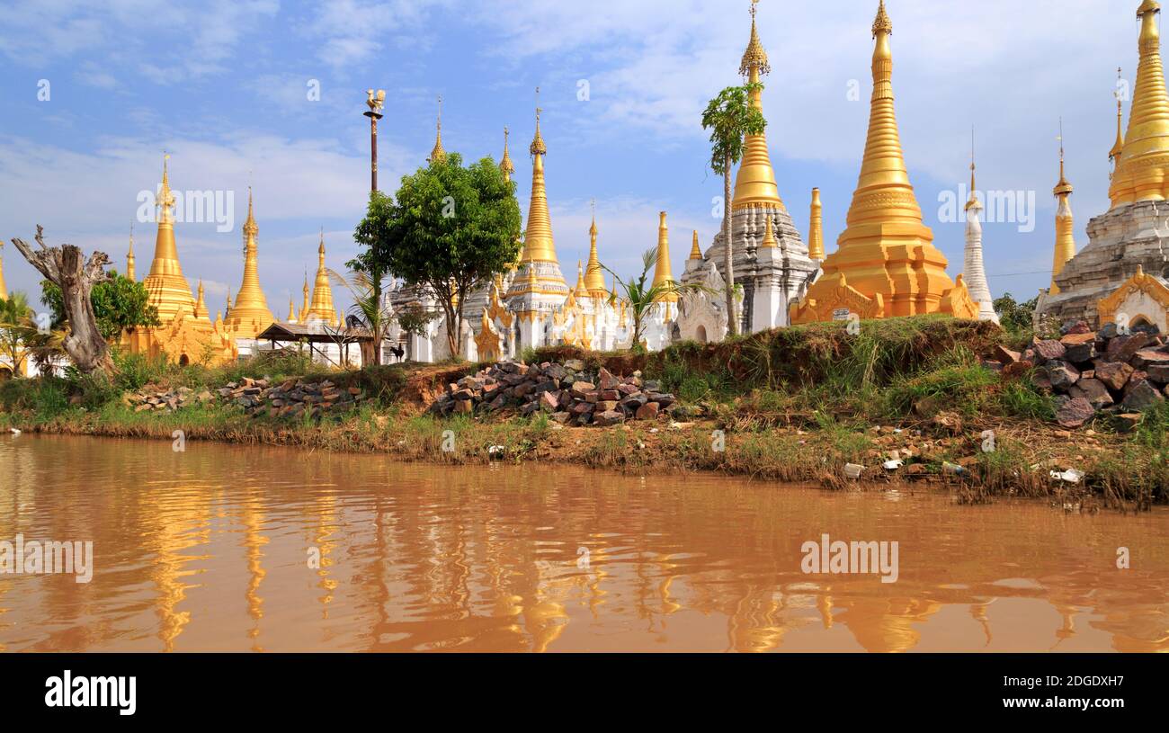 Some of the 1054 pagodas of the Indein pagoda forest at Inle Lake in ...