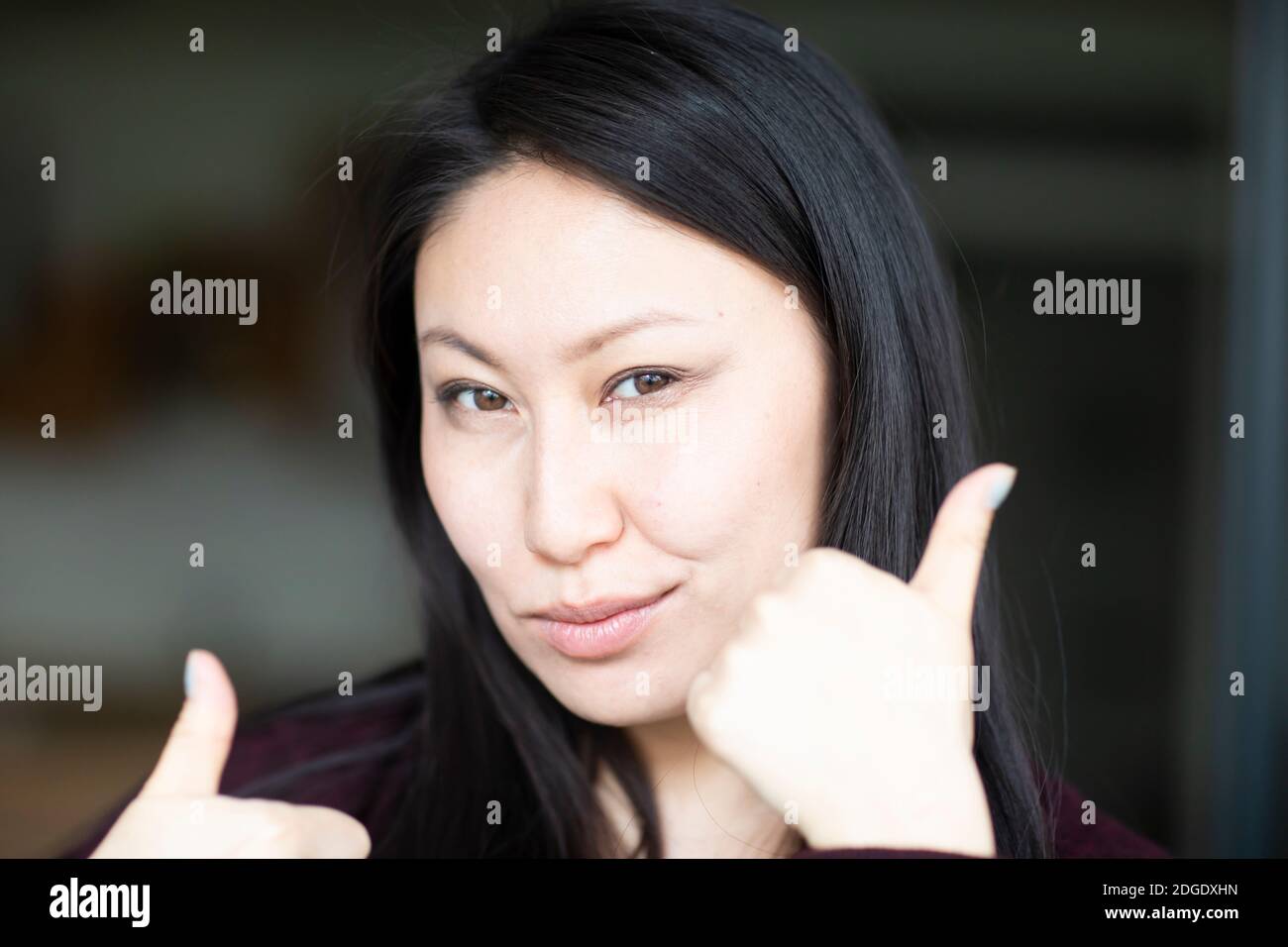 young woman asia female with long hair making hand signs Stock Photo ...