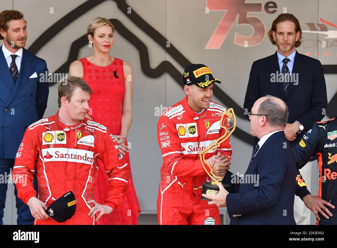 Sebastian Vettel of Germany and Ferrari celebrates his win on the ...