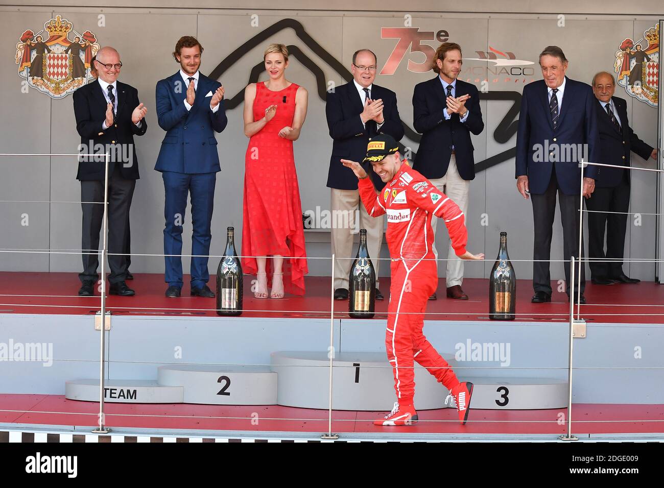 Sebastian Vettel of Germany and Ferrari celebrates his win on the ...