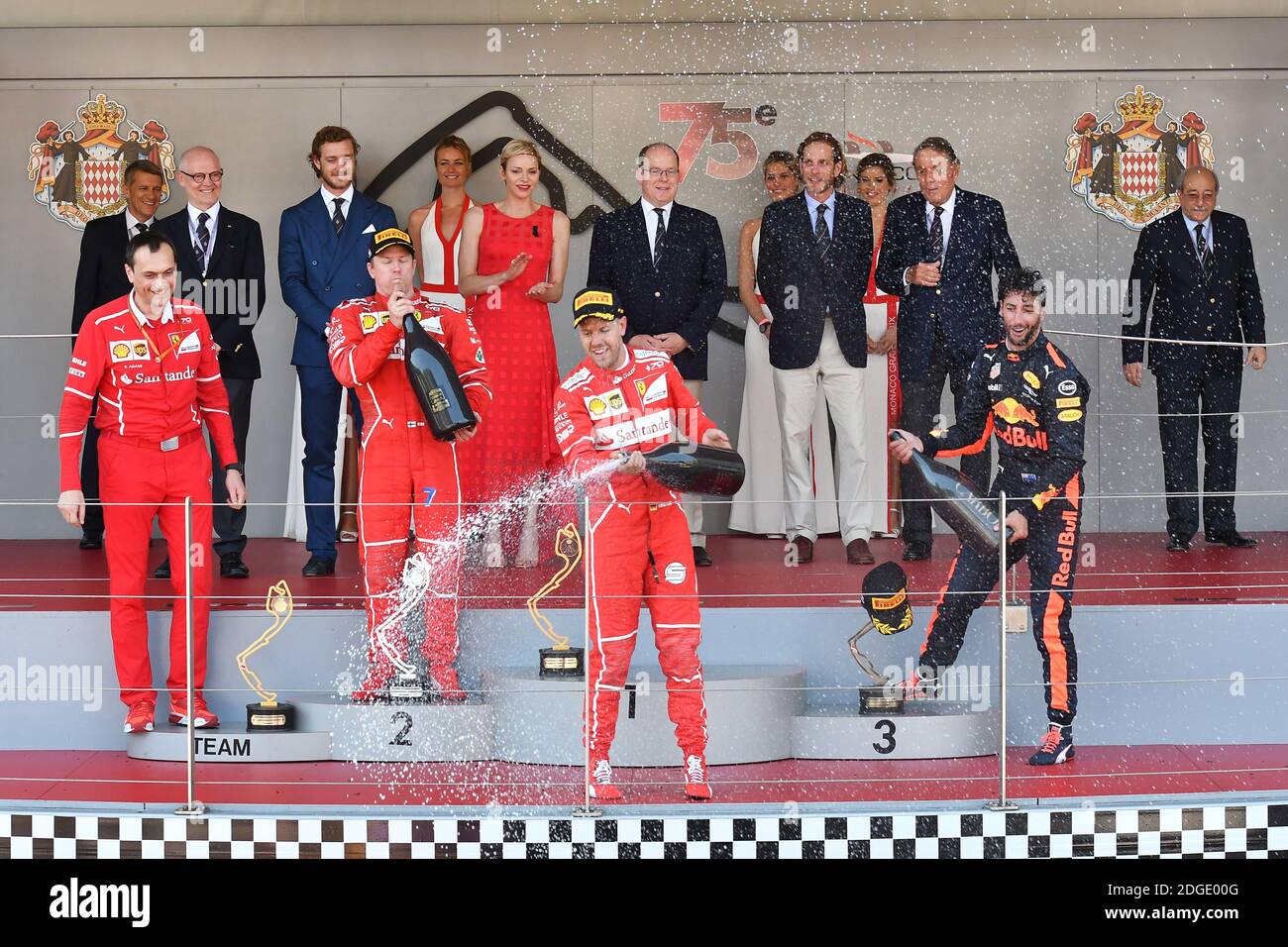 Sebastian Vettel of Germany and Ferrari celebrates his win on the ...