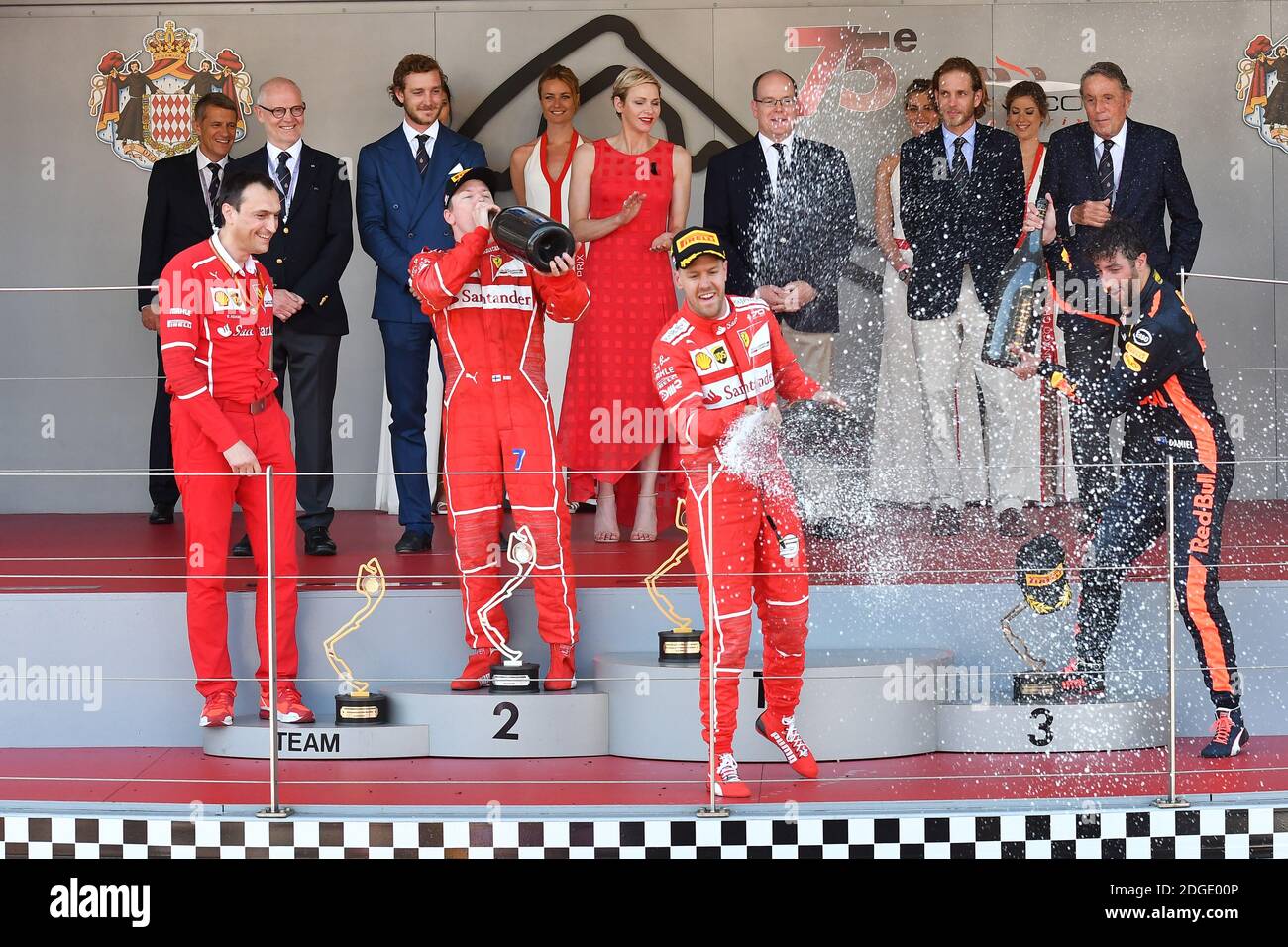 Sebastian Vettel of Germany and Ferrari celebrates his win on the ...