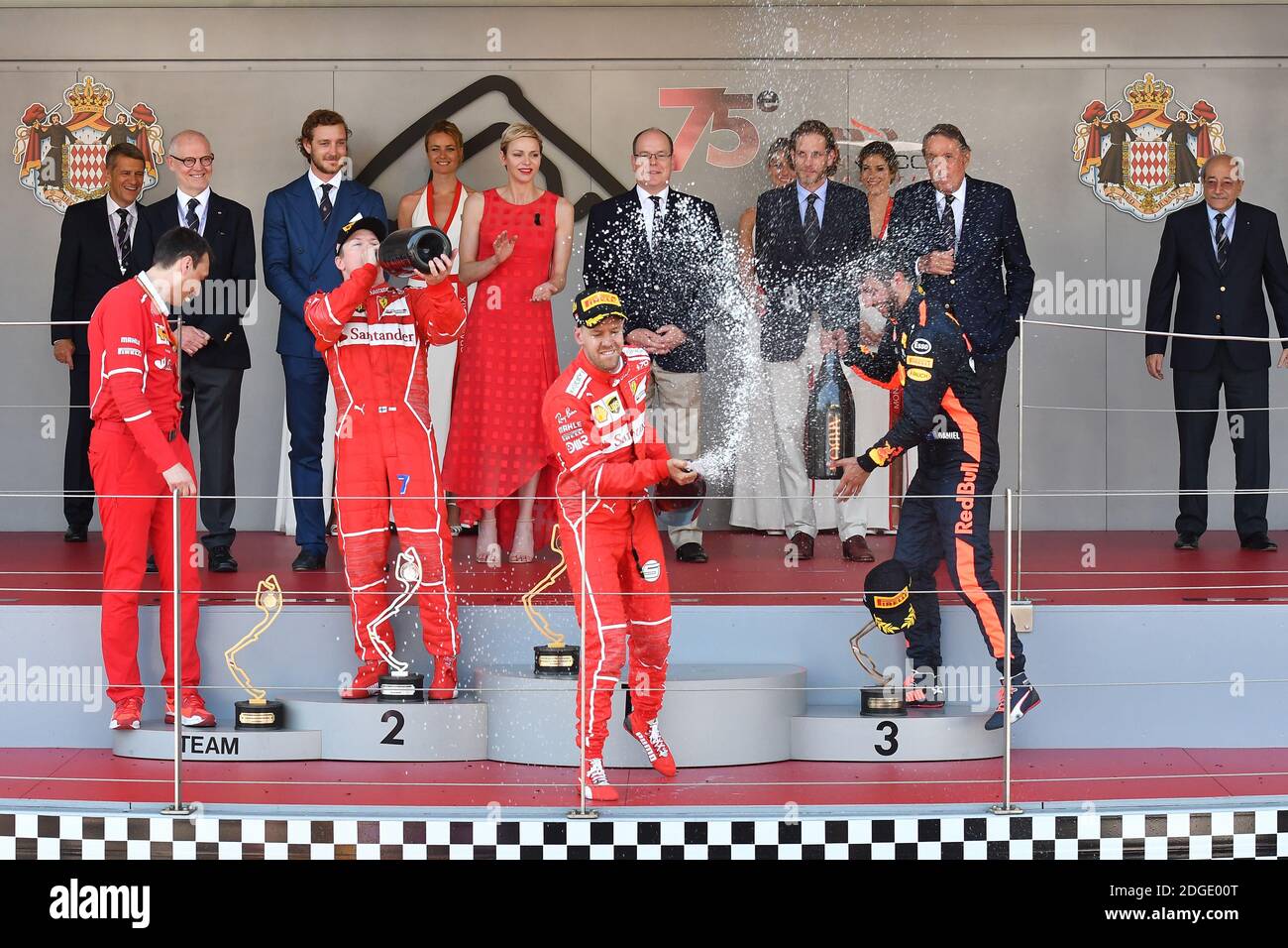 Sebastian Vettel of Germany and Ferrari celebrates his win on the ...