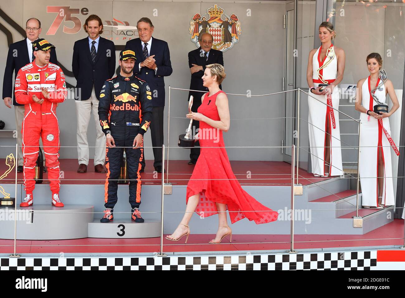 Sebastian Vettel of Germany and Ferrari celebrates his win on the ...