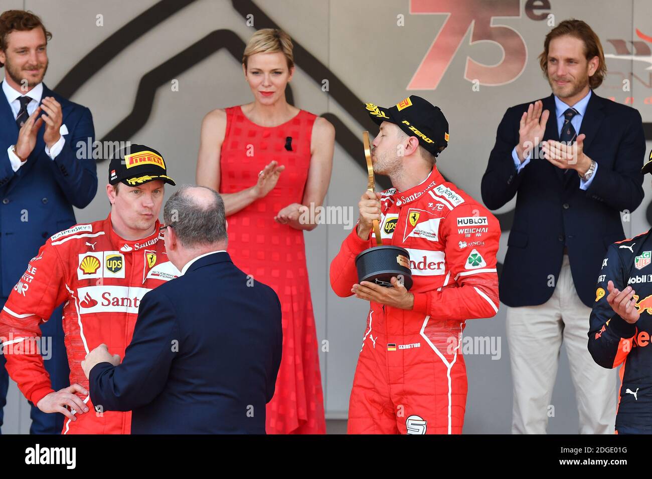Sebastian Vettel of Germany and Ferrari celebrates his win on the ...