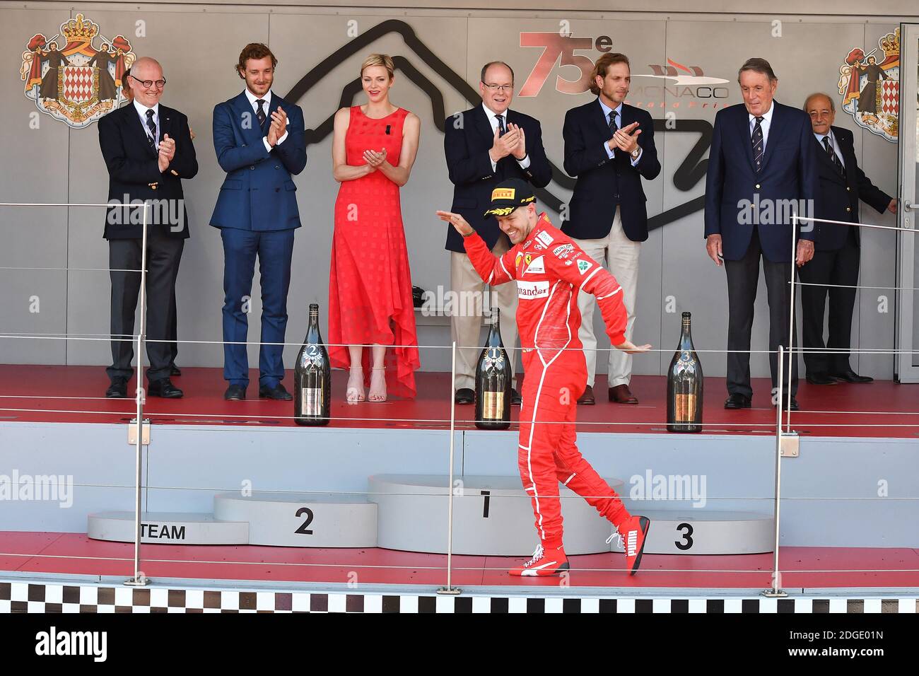 Sebastian Vettel of Germany and Ferrari celebrates his win on the ...