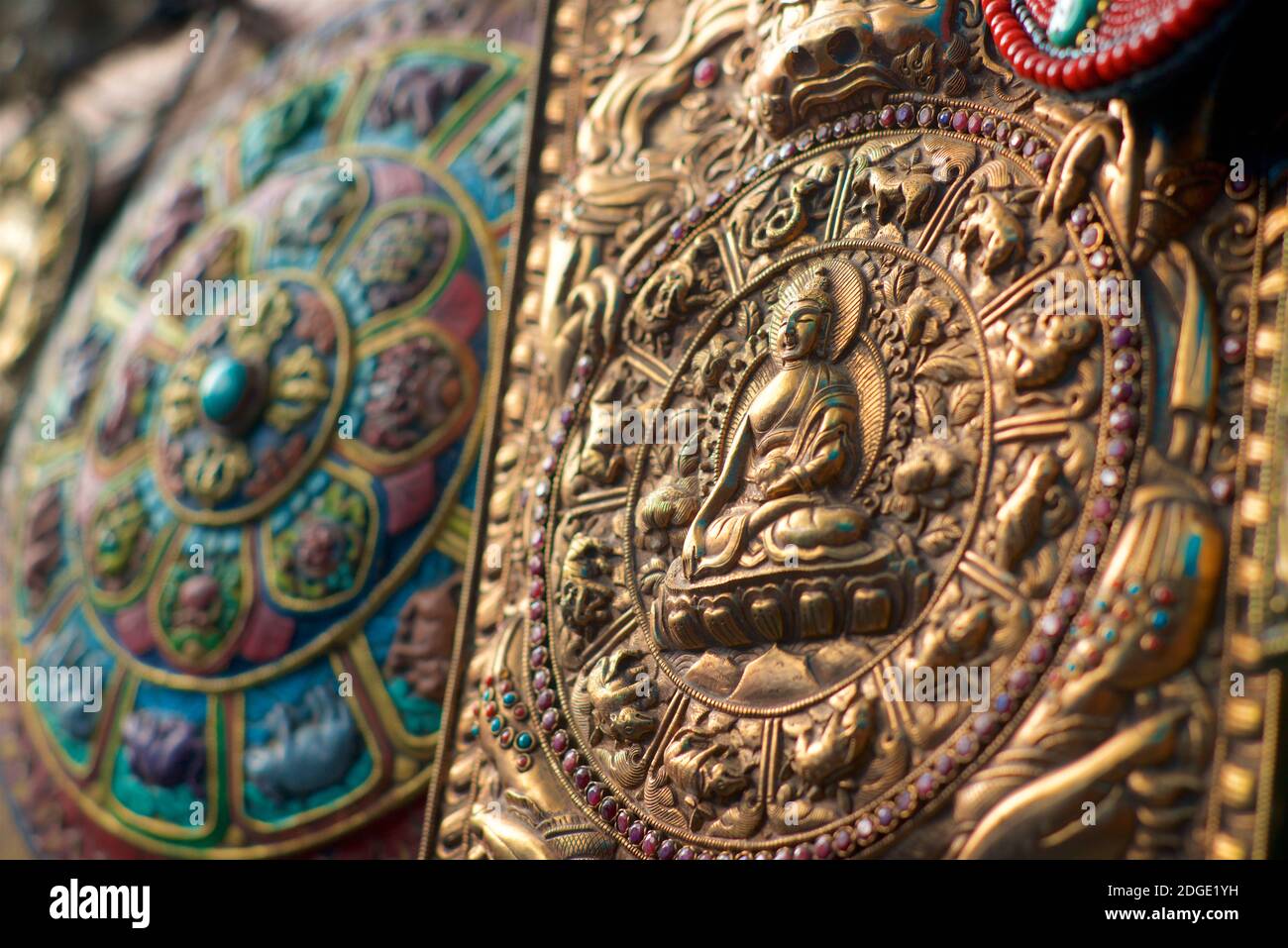 Intricate metalwork souvenirs for sale on a market stall, Ladakh, Jammu ...