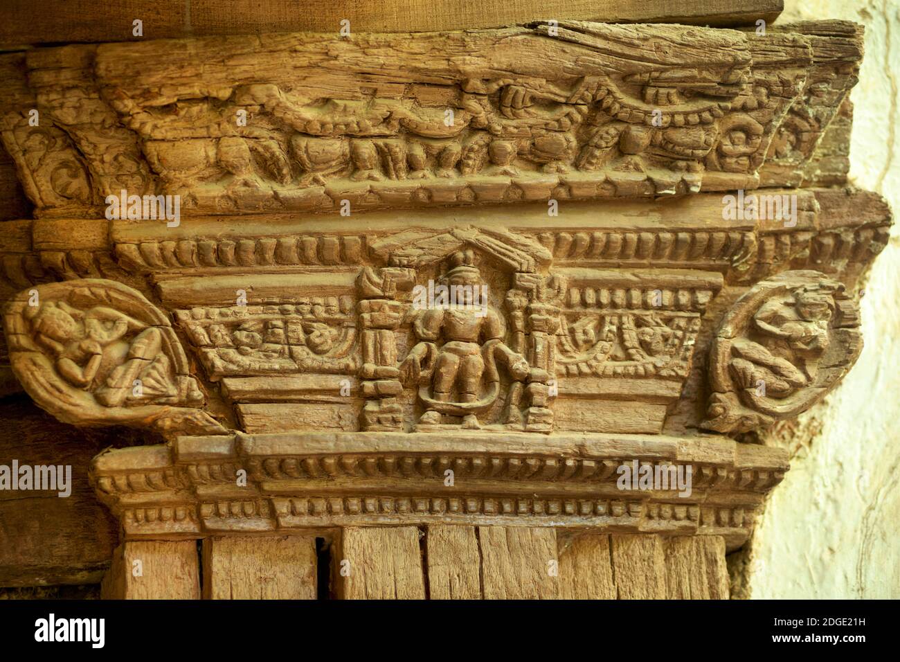 Ornate historical wooden Buddhist carvings on the ancient entranceways ...