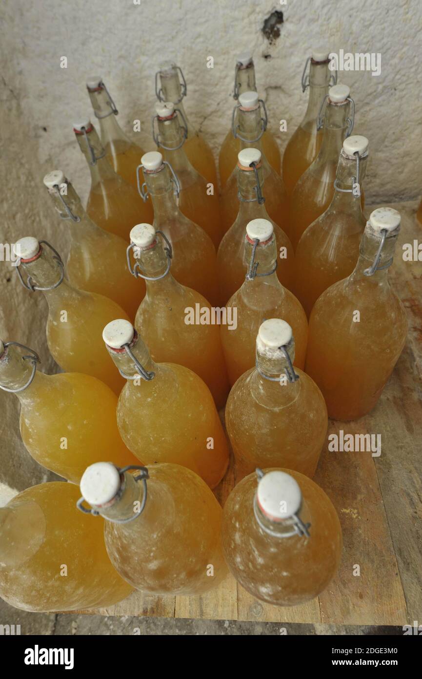 Fruit juice storage in glass bottles, in the basement Stock Photo - Alamy