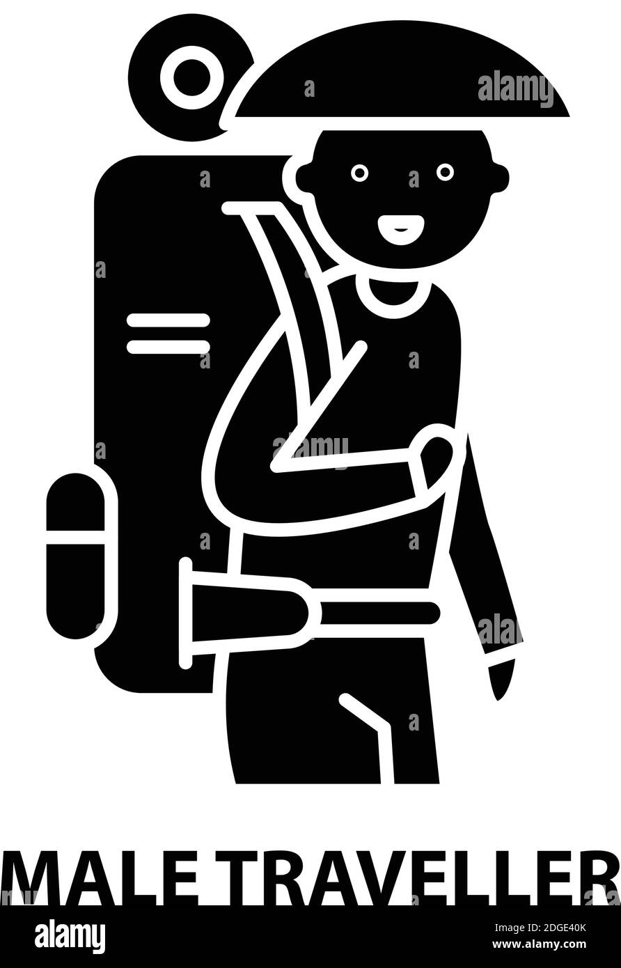 male traveller icon, black vector sign with editable strokes, concept ...