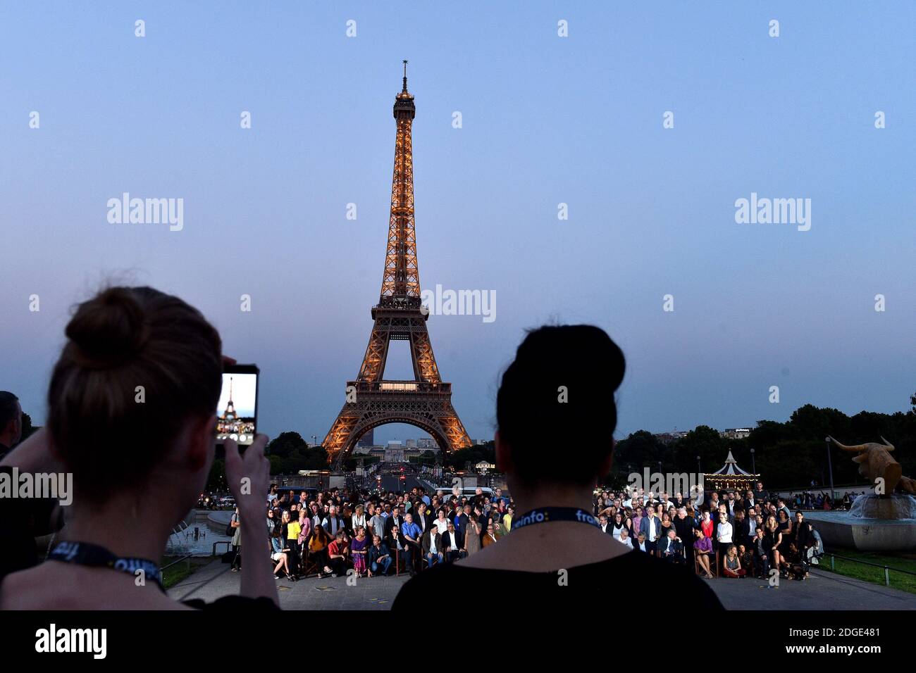 Journalists of French public radio news station franceinfo pose in ...