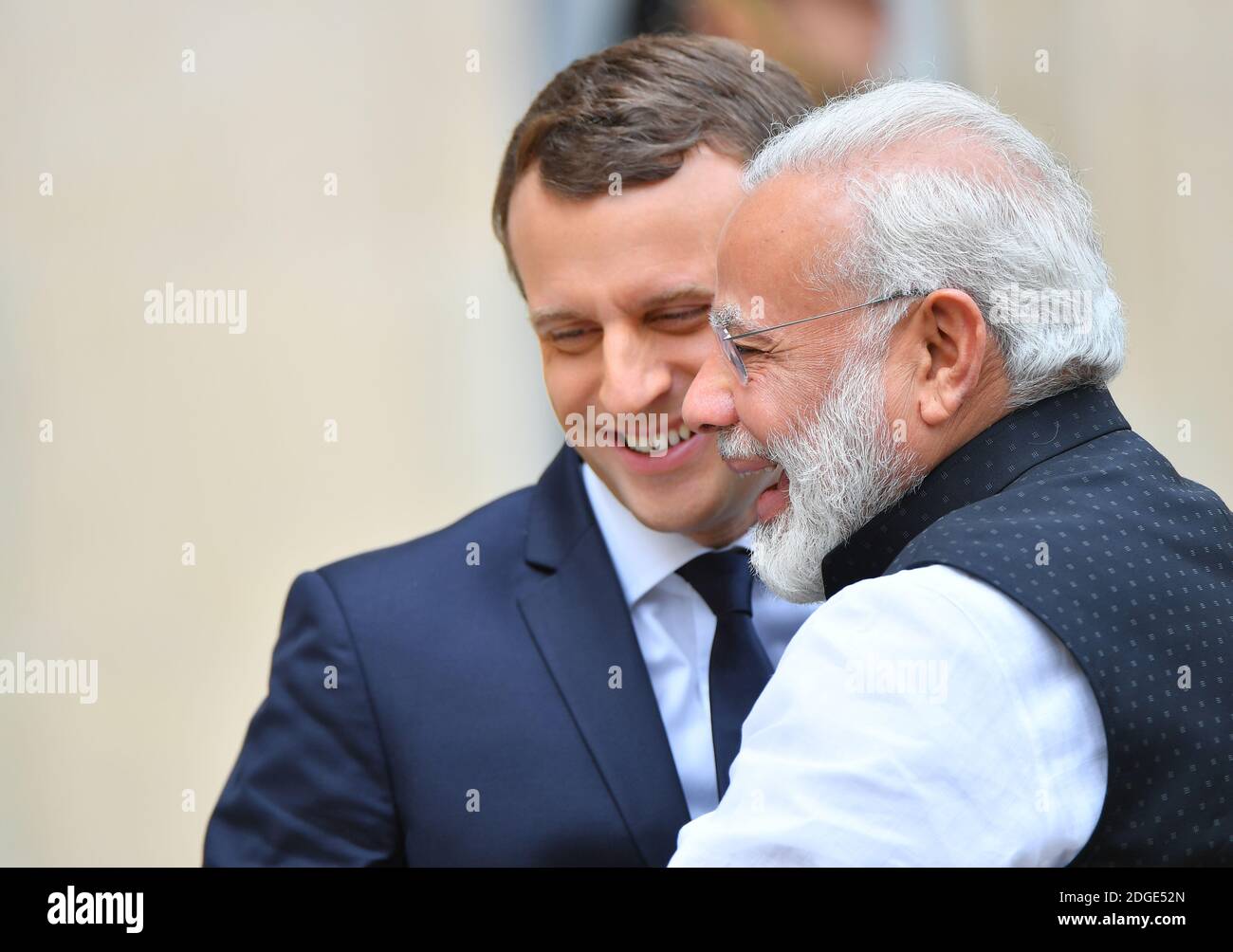 India's Prime Minister Narendra Modi is welcomed by French President ...