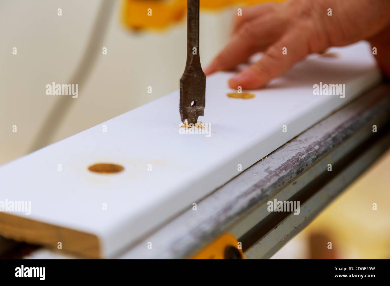 Drilling hole in wood, woodworking concept , drilling part of carpenter ...