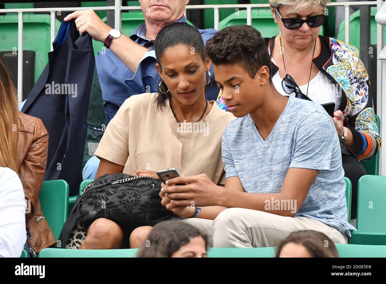 Christine Arron and her son Ethan attend the French Tennis Open at ...