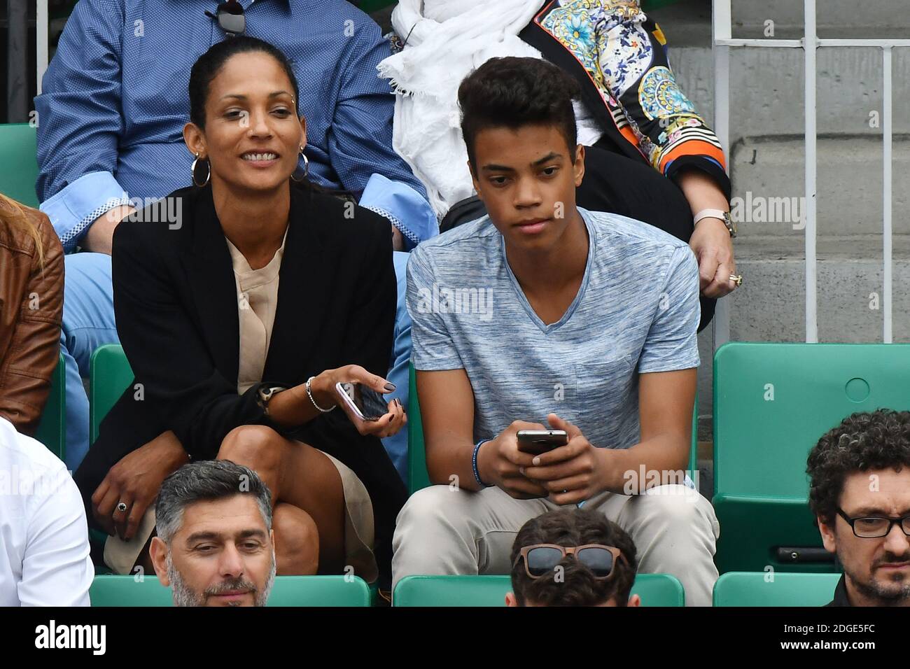Christine Arron and her son Ethan attend the French Tennis Open at ...