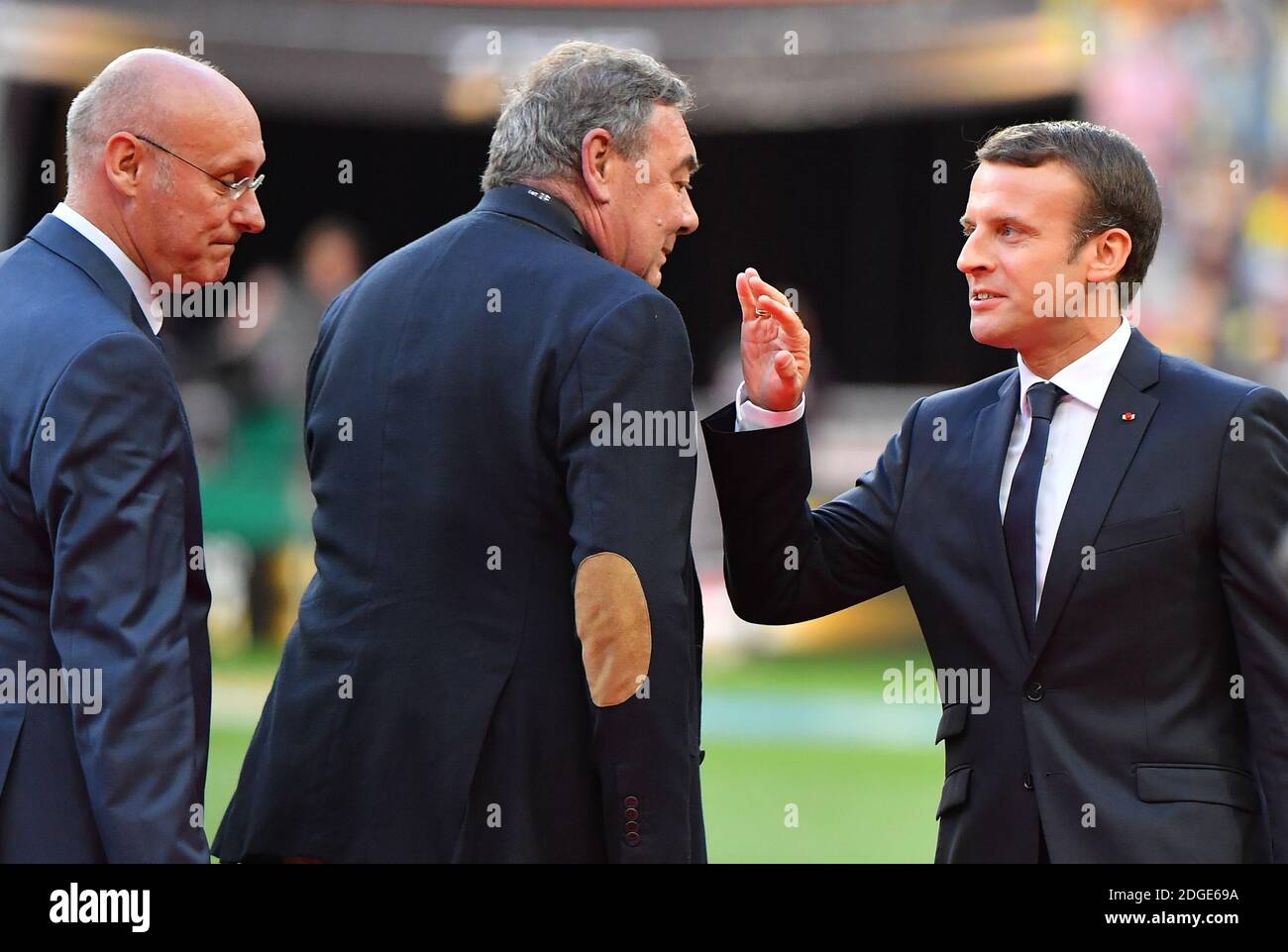 French President Emmanuel Macron smiles during the French Top 14 rugby ...