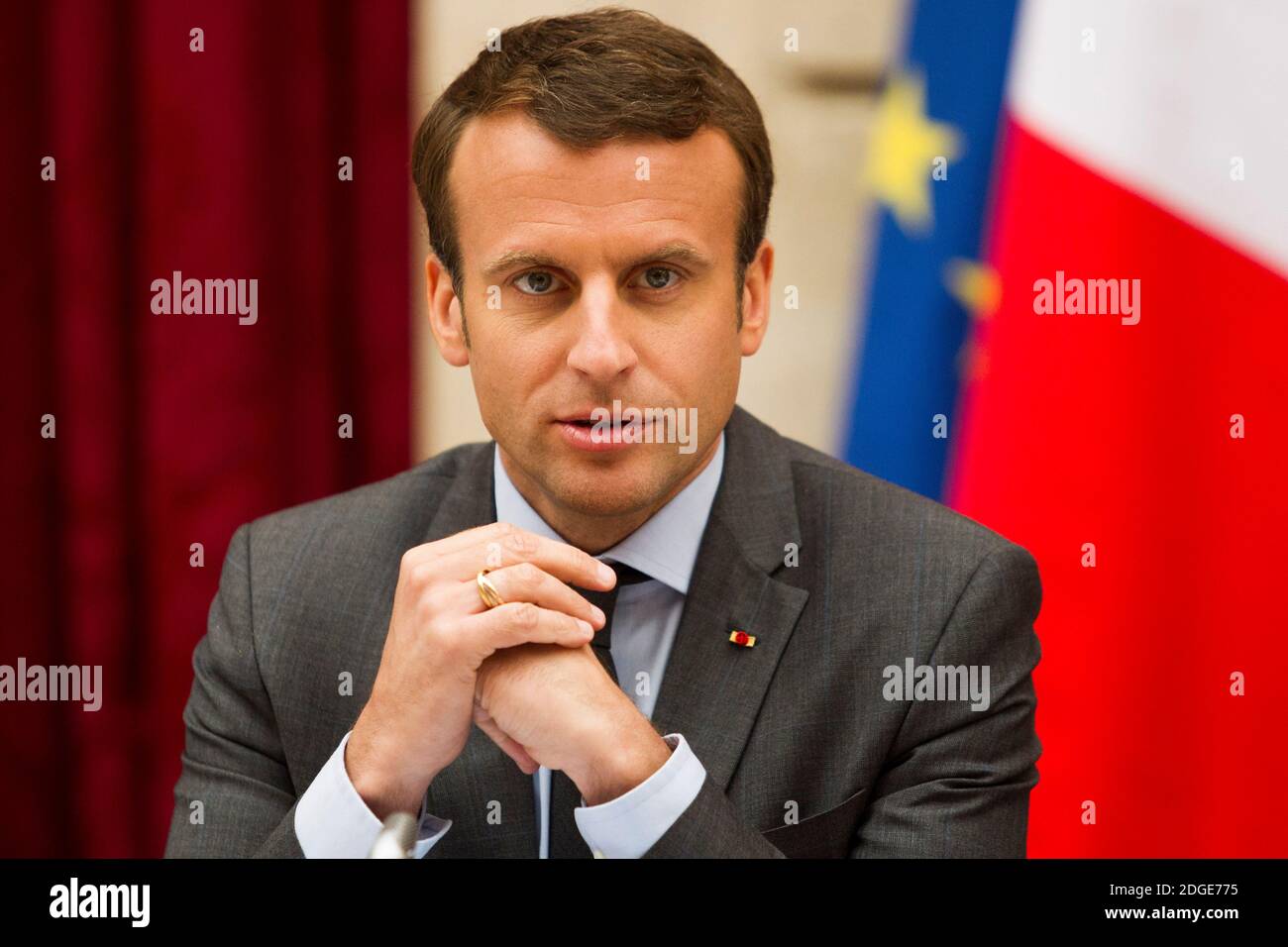 French President Emmanuel Macron attends a meeting about climate change ...