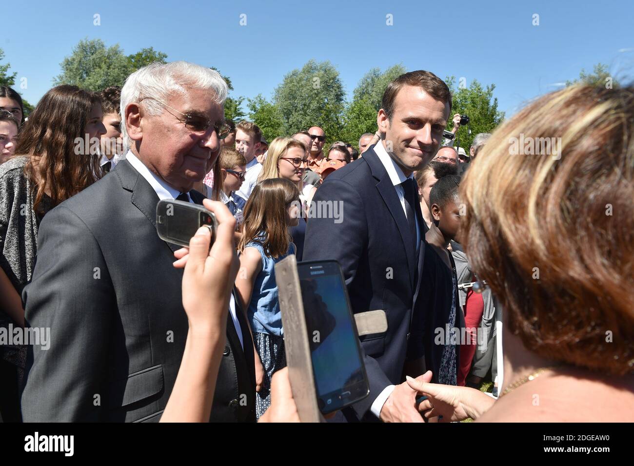 French president Emmanuel Macron and last survivor Robert Hebras attend ...