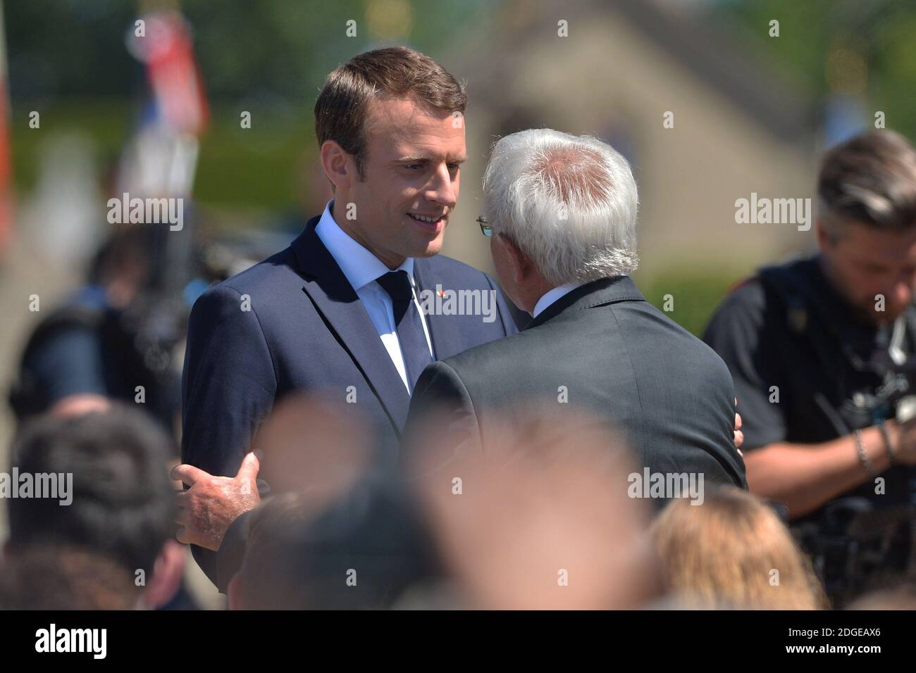 French president Emmanuel Macron and last survivor Robert Hebras attend ...