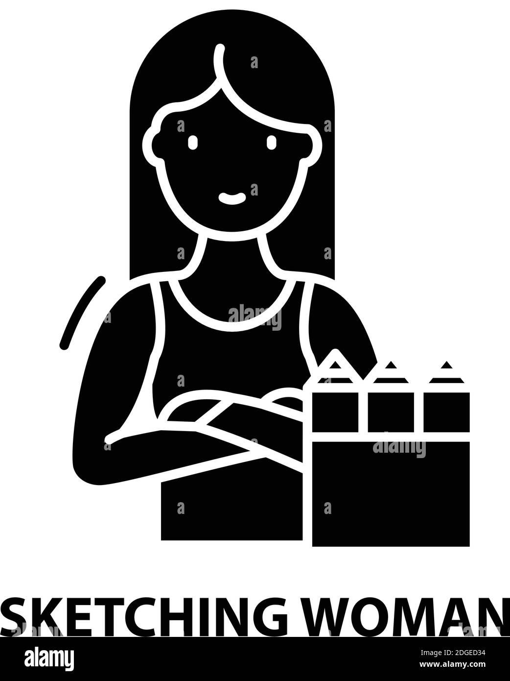 sketching woman icon, black vector sign with editable strokes, concept ...