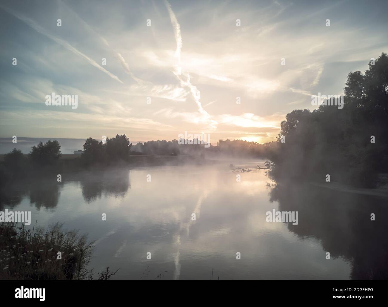 Dawn water landscape landscape lake people light trees hi-res stock ...