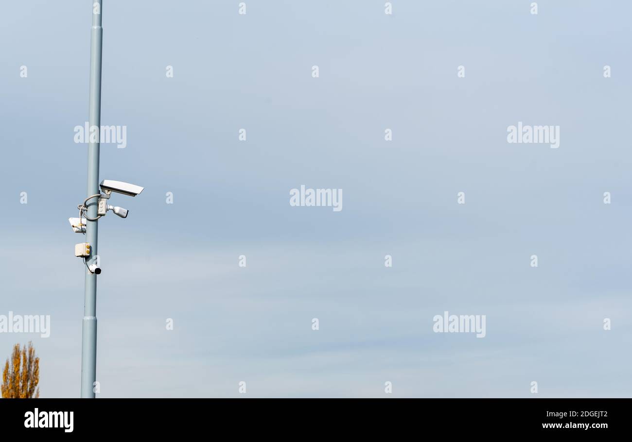 Security cctv cameras on a pole with blue sky background Stock Photo ...