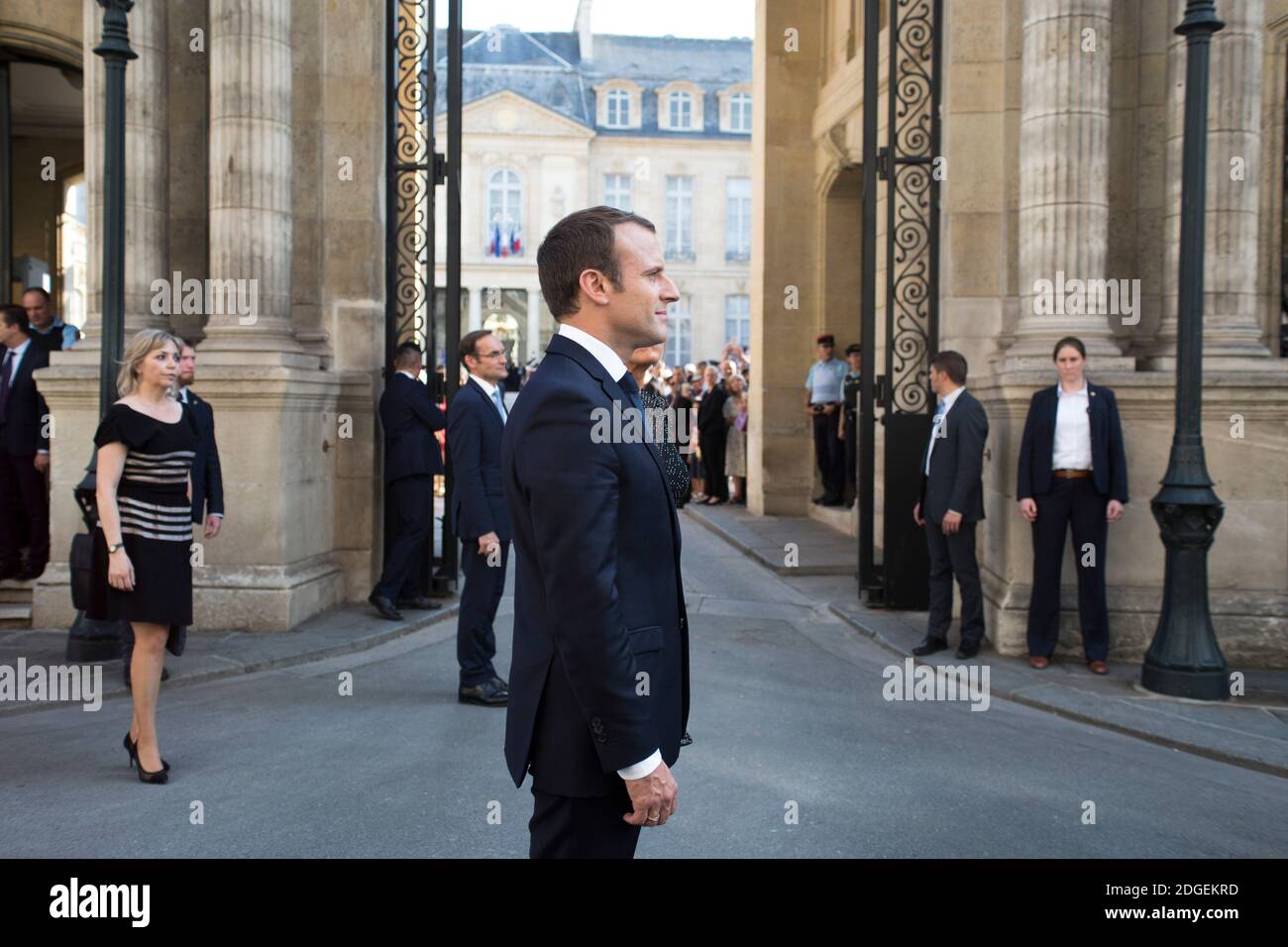 French President Emmanuel Macron and his wife Brigitte receiving ...