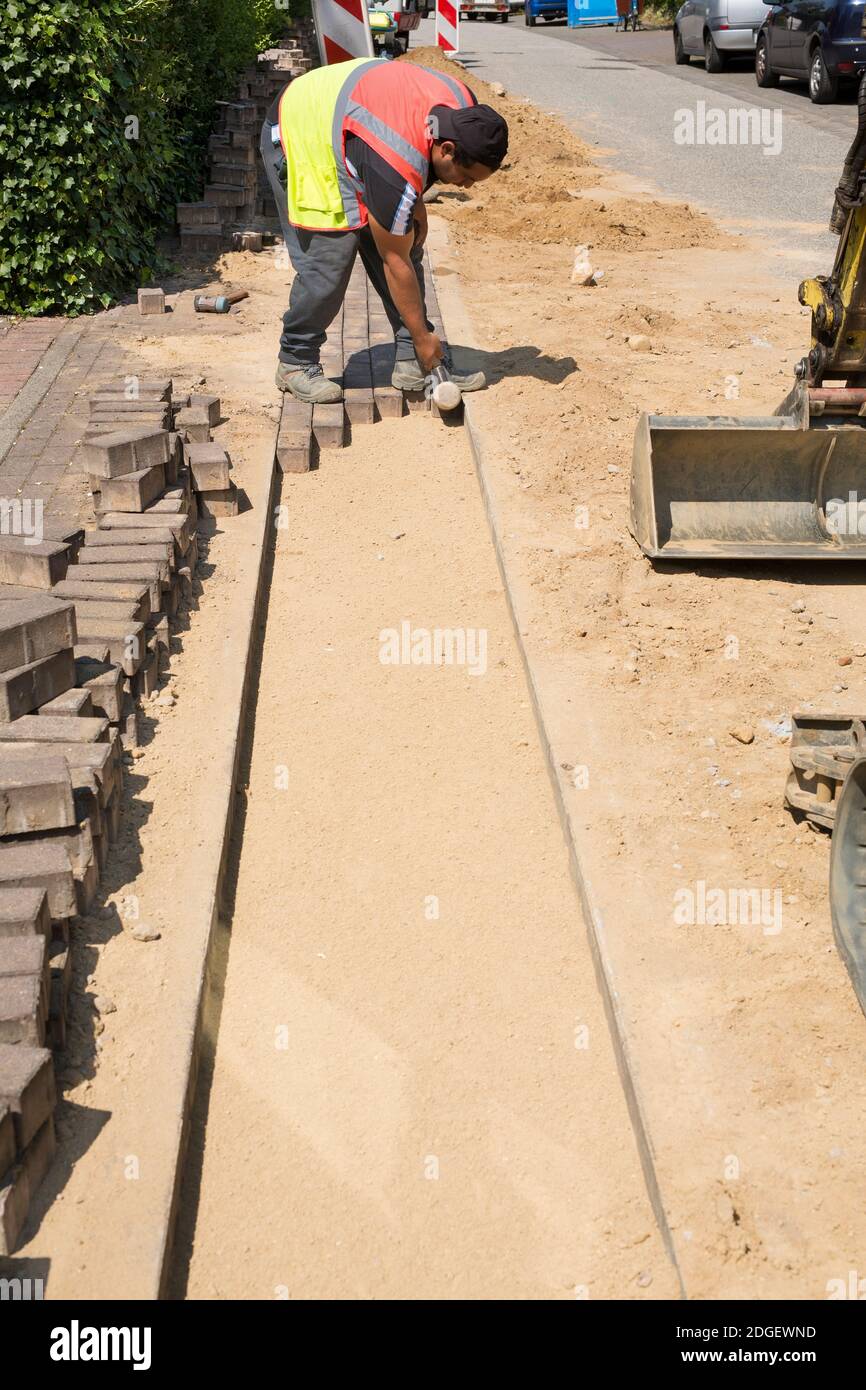 Professional paver worker laying pave stones using a hammer on sand ...