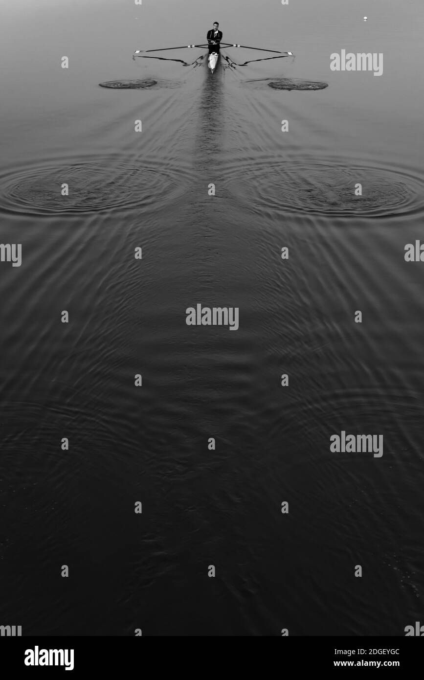 Black and white kayak closeup top view sports rowing water ripples ...