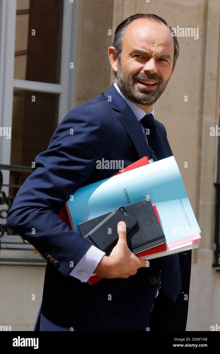 Prime Minister Edouard Philippe leaving the Elysee Palace following the ...
